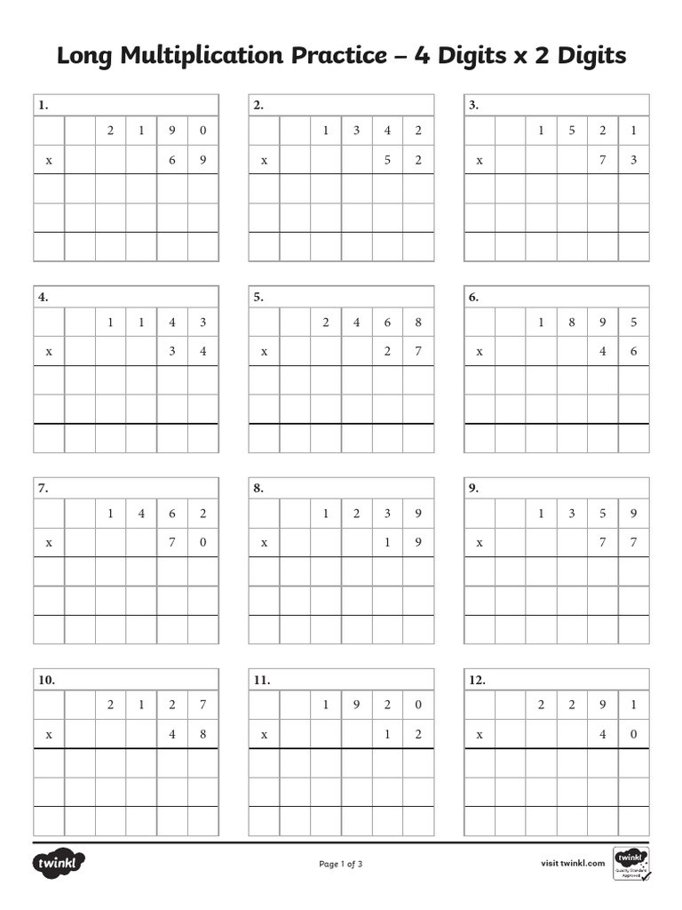 4-Digit by 2-Digit Multiplication Practice | PDF