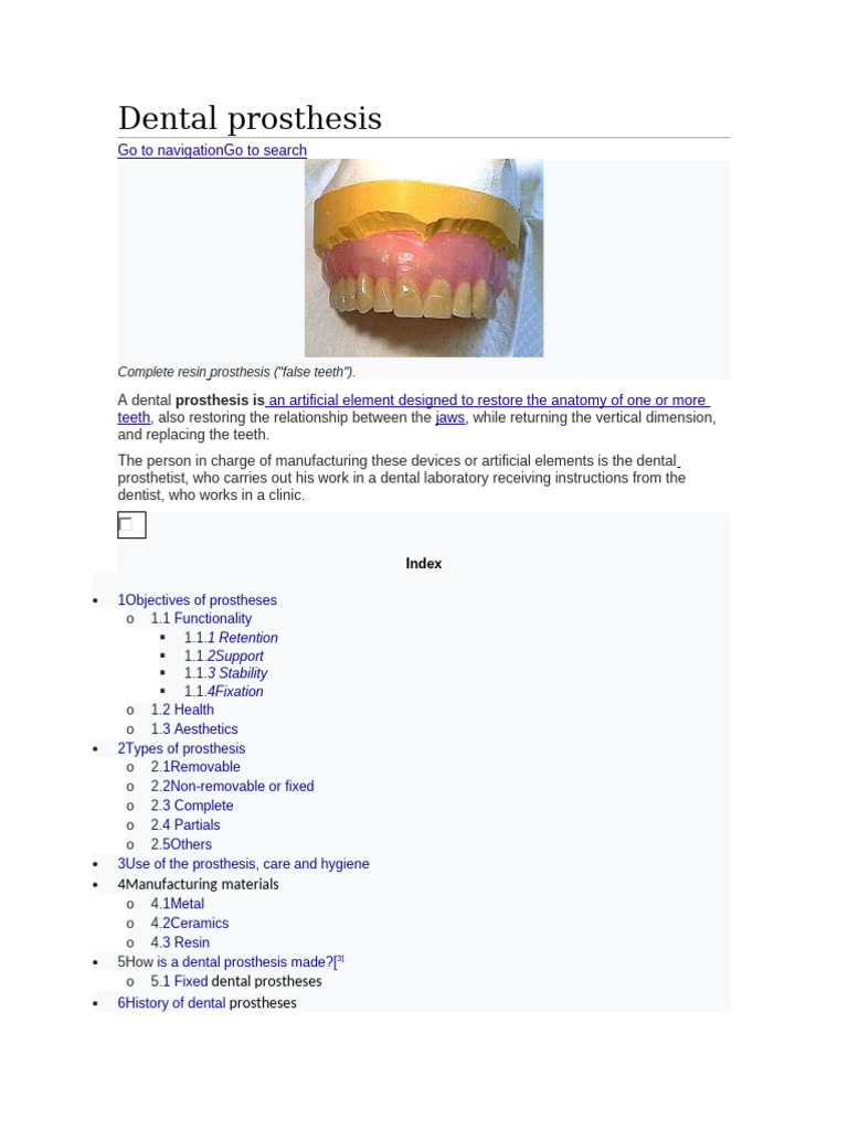 DEFINITION OF DENTAL PROSTHESIS AND TYPES | PDF | Prosthesis | Dentures