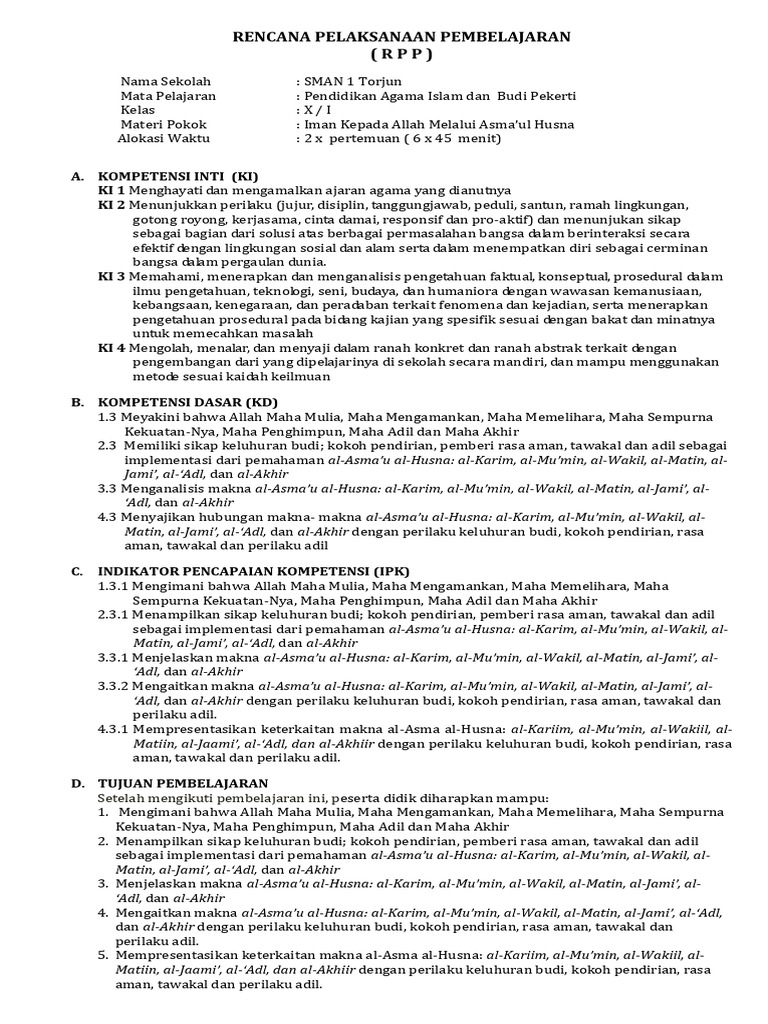 RPP X 3 - Asmaul Husna | PDF