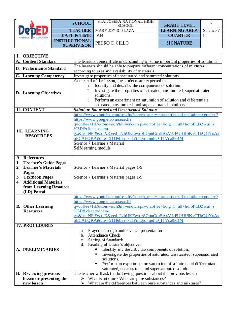 Grade 7 Science: Solutions Lesson Plan | PDF | Solubility | Chemistry