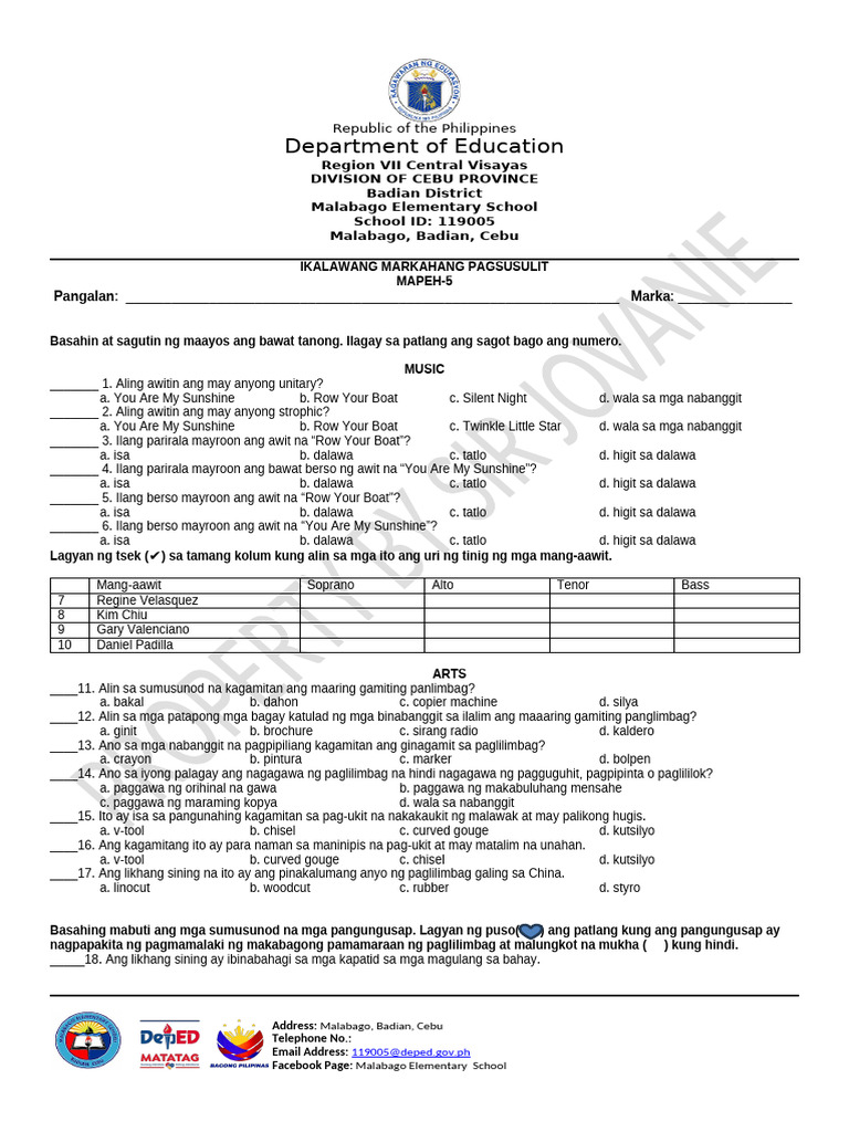 Third Quarter Examination in Mapeh | PDF