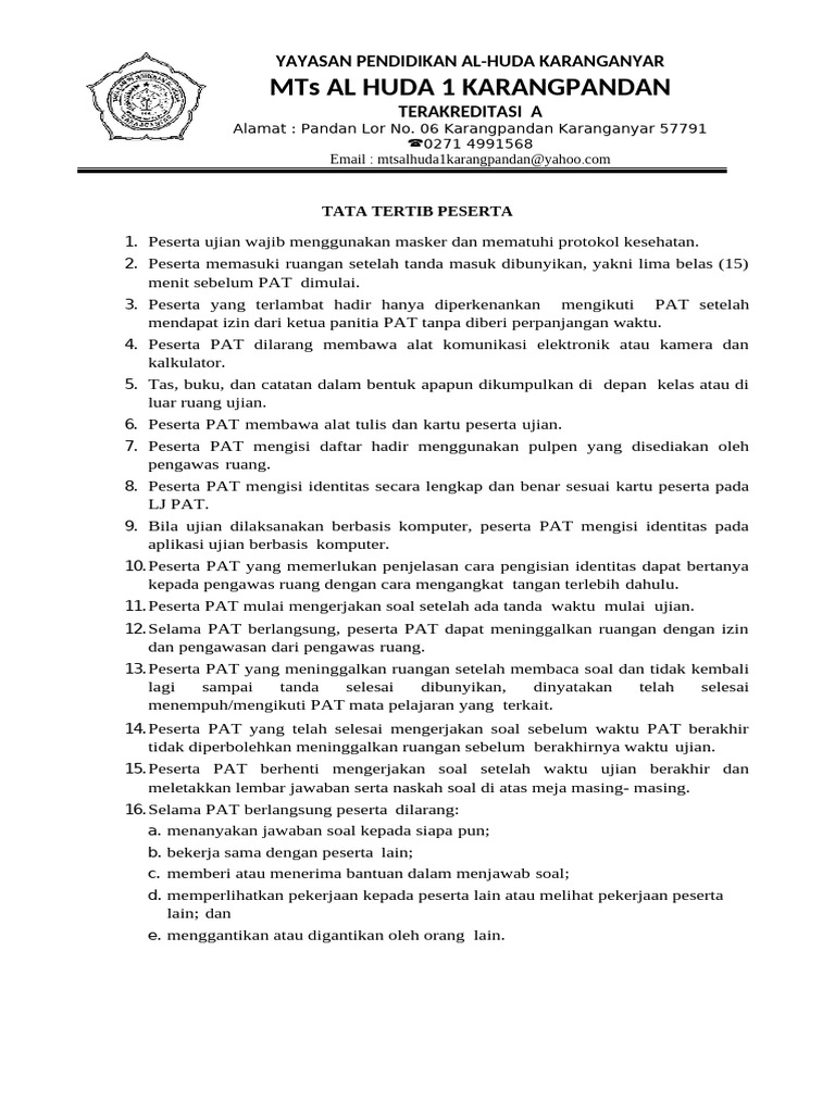 Tata Tertib Ujian MTs Al Huda Karanganyar | PDF
