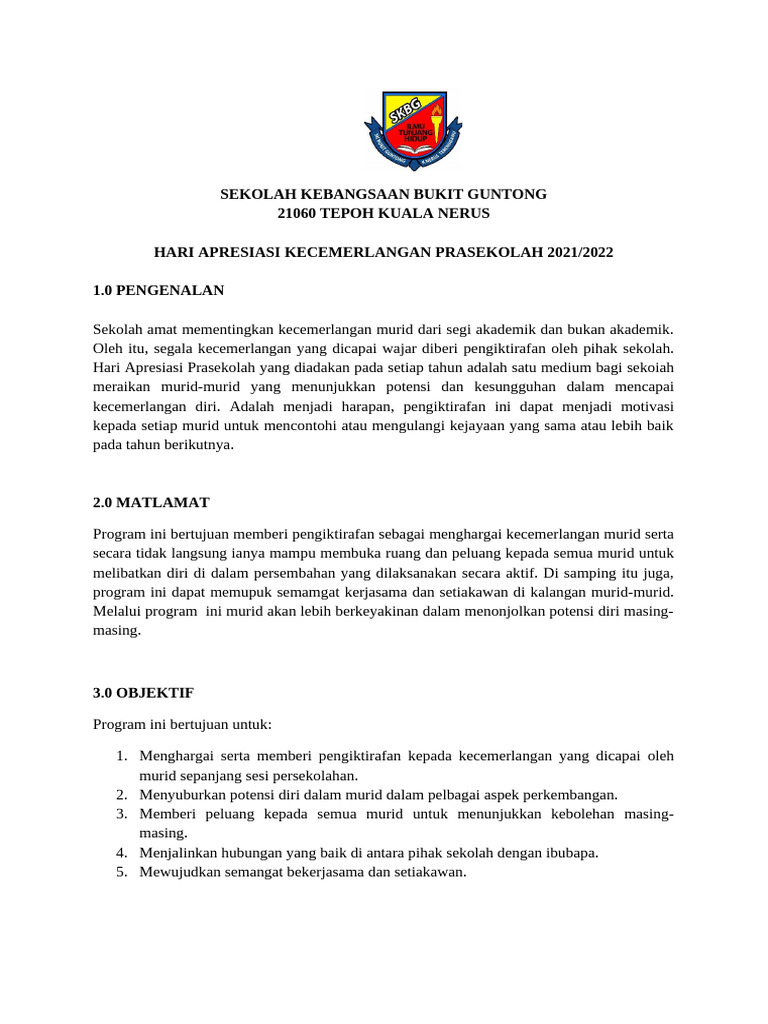 Kertas Kerja Hari Apresiasi Prasekolah SKBG 2021 | PDF