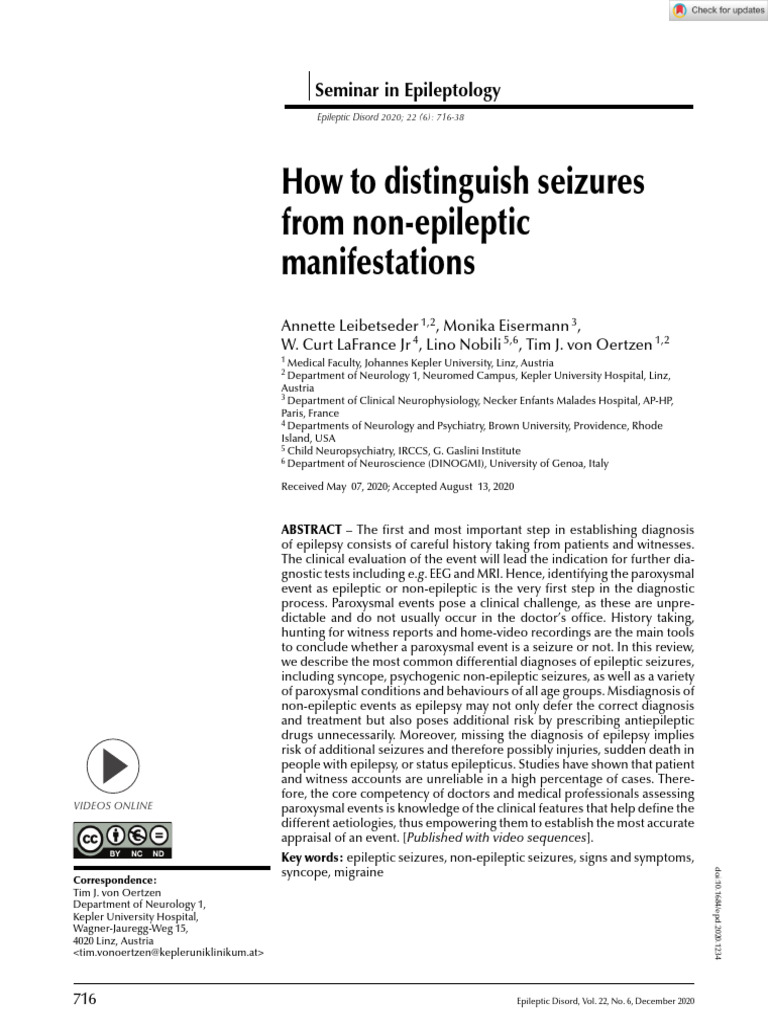 Epileptic Disorders - 2021 - Leibetseder - How To Distinguish Seizures ...