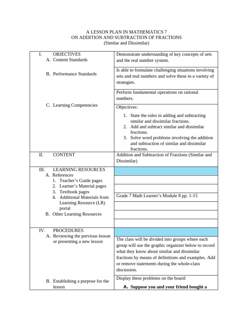Math 7 Lesson Plan: Fractions & Integers | PDF | Mathematics | Lesson Plan