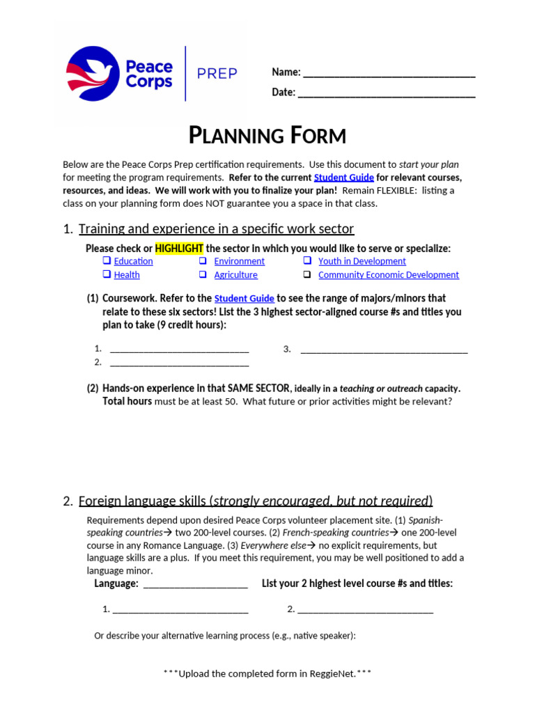 Peace Corps Prep Planning Form.10!20!16 | PDF | Peace Corps | Learning