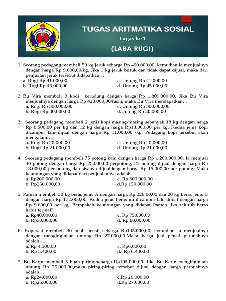 Soal Untung Rugi untuk Kelas 7 dan 9 | PDF