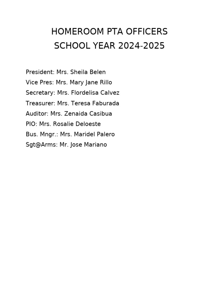Homeroom PTA Officers 2024-2025 | PDF