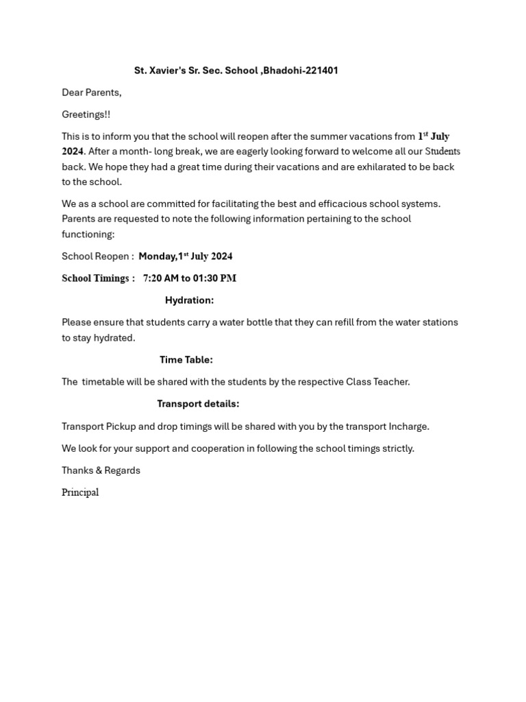 School Reopening Notice for Parents | PDF