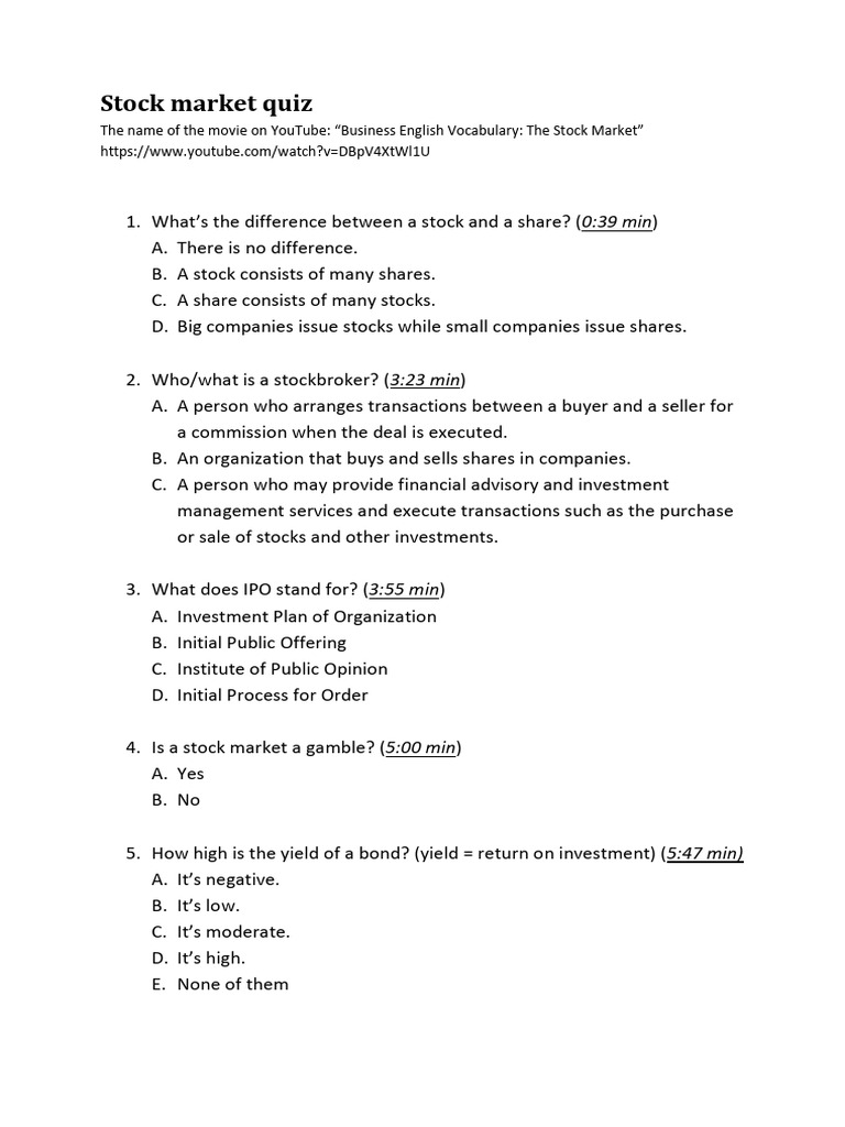 Stock market quiz | PDF | Stocks | Investing