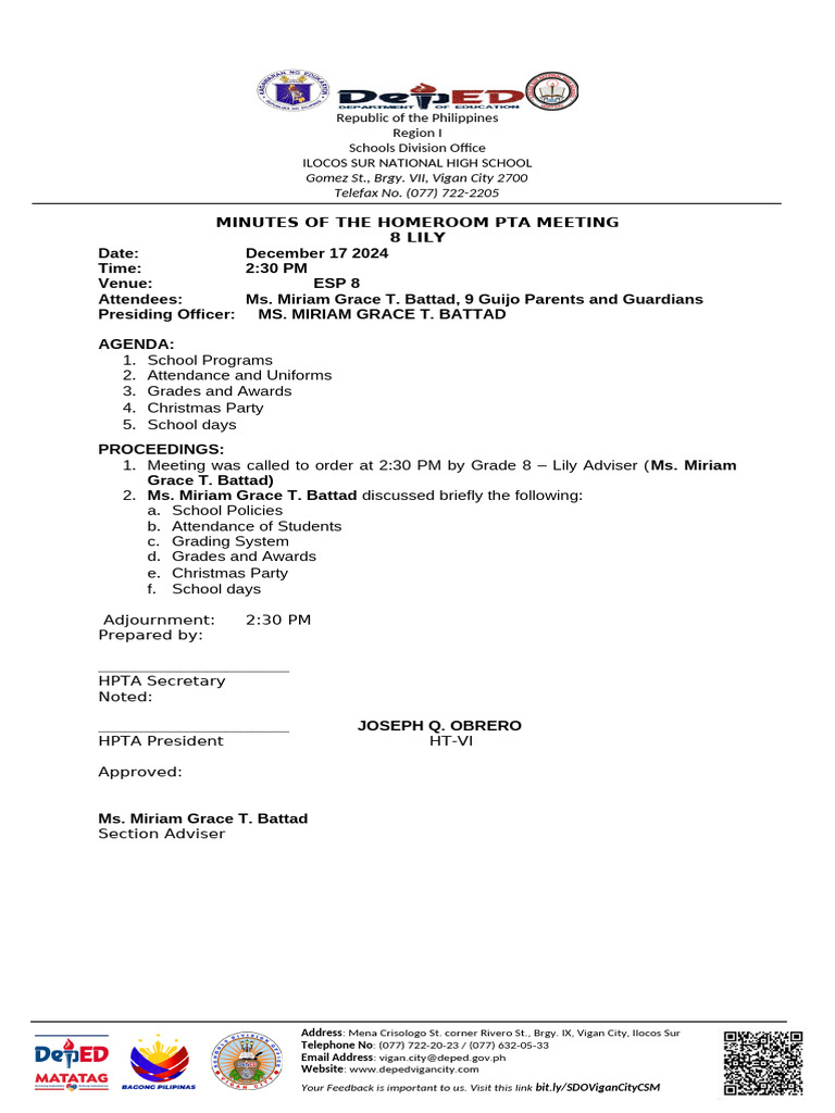 2nd Pta Meeting Minutes Template 2 2024 2025 | PDF