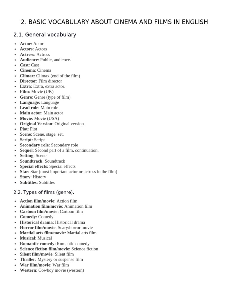 Basic Cinema Vocabulary in English | PDF | Actor | Action Films