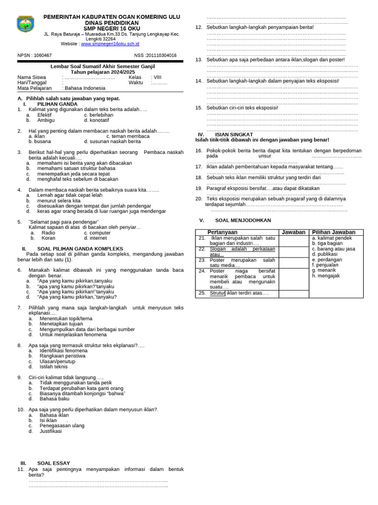 Soal Sas Bahasa Indonesia Kelas 8 | PDF