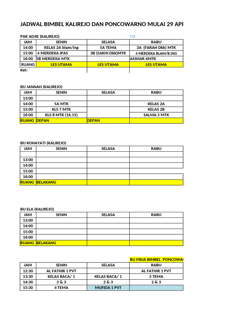 Jadwal Les Mulai 13 Mei 2024 | PDF