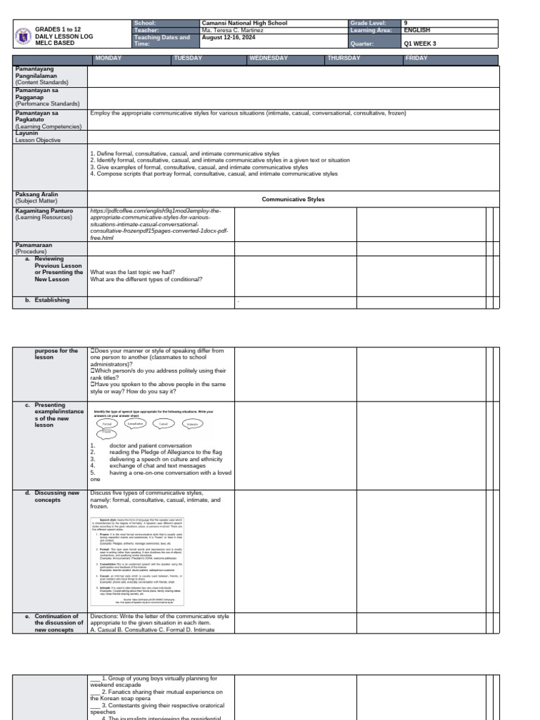 Melc DLL Eng 9 Week 3 q1 Done | PDF | Learning | Human Communication