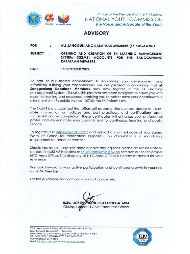 ADVISORY - SK MEMBERS - OPENING OF ACCOUNT (Signed) | PDF | Government | Computing