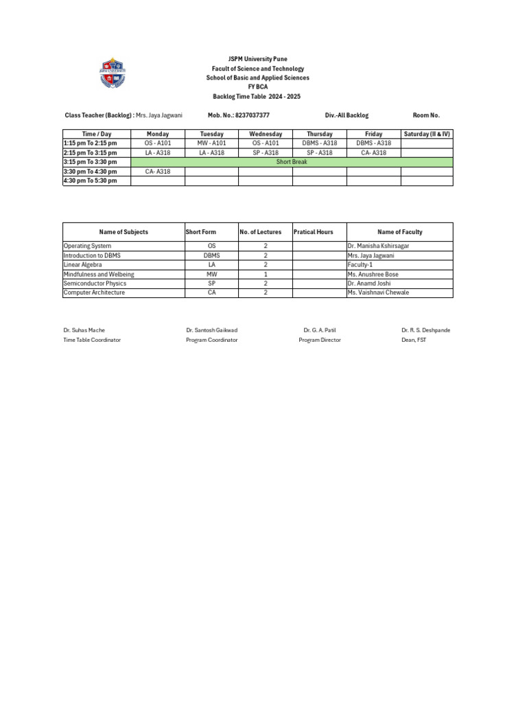 Backlog Time Table FY BCA 2024-25 | PDF