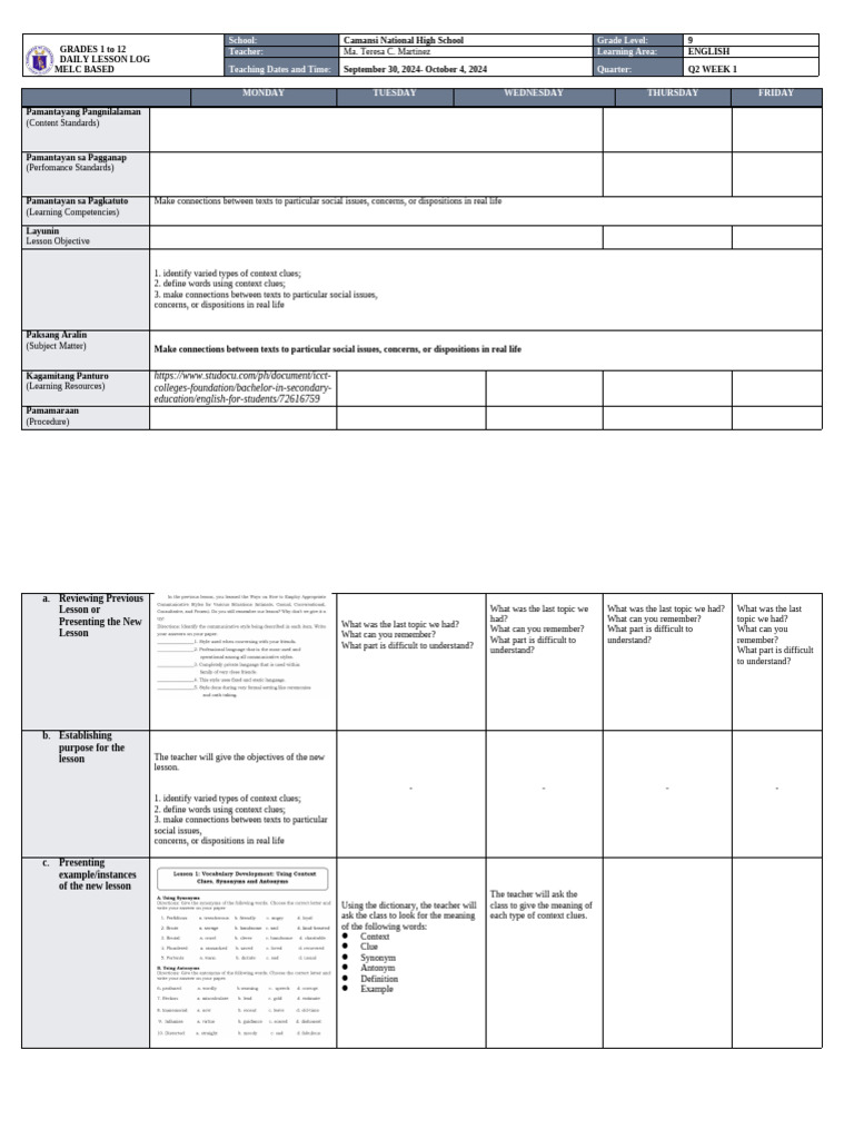 MELC DLL ENG 9 Q2 WEEK 1 | PDF | Teachers | Cognitive Science