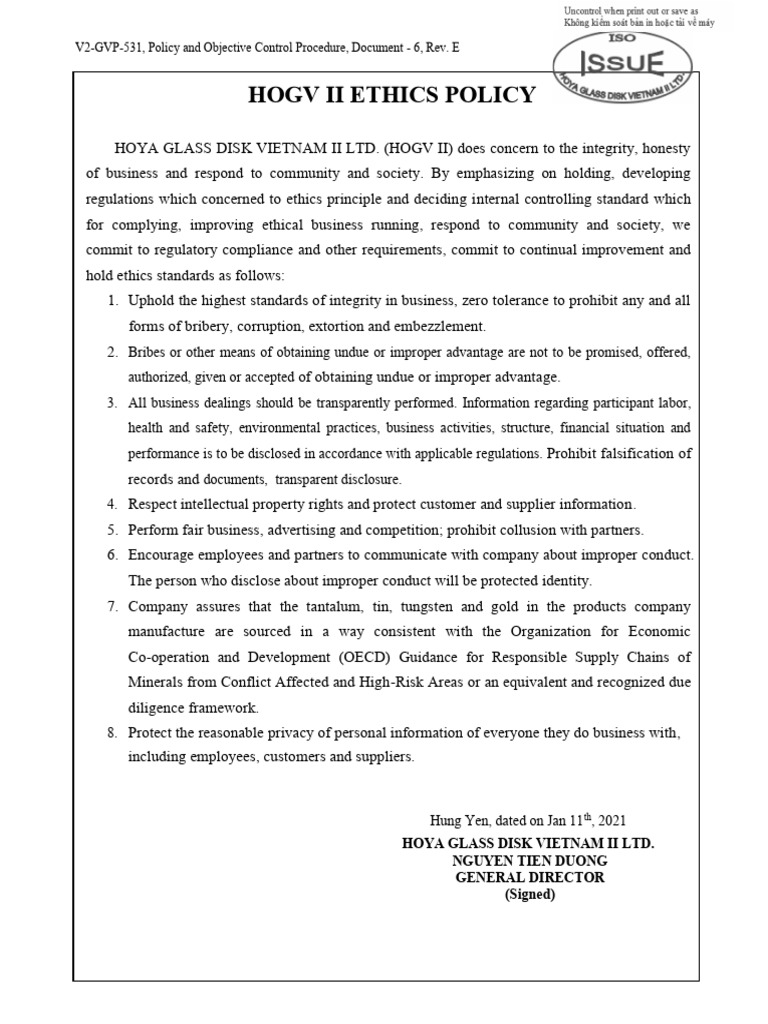 HOGV II Ethics Policy Overview | PDF | Bribery | Integrity