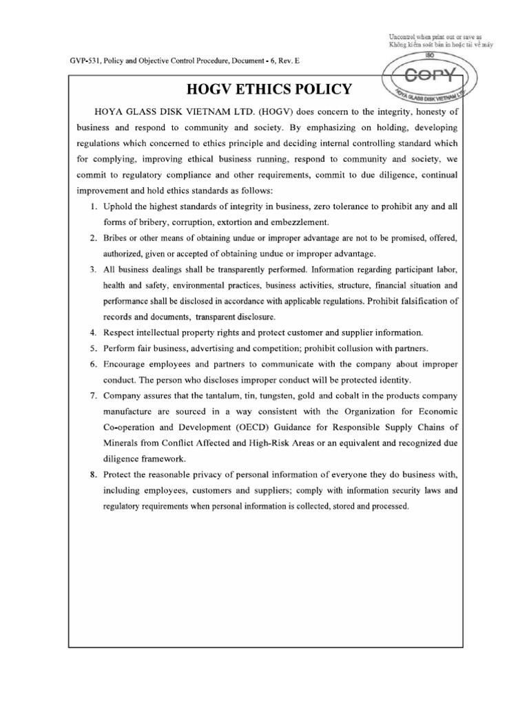 HOGV Ethics Policy | PDF