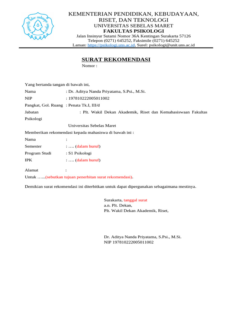 Template Surat Rekomendasi | PDF