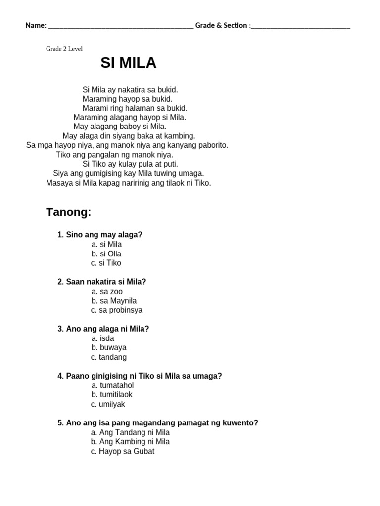 Si Mila at ang Kanyang Alagang Tandang | PDF | Reading Comprehension ...