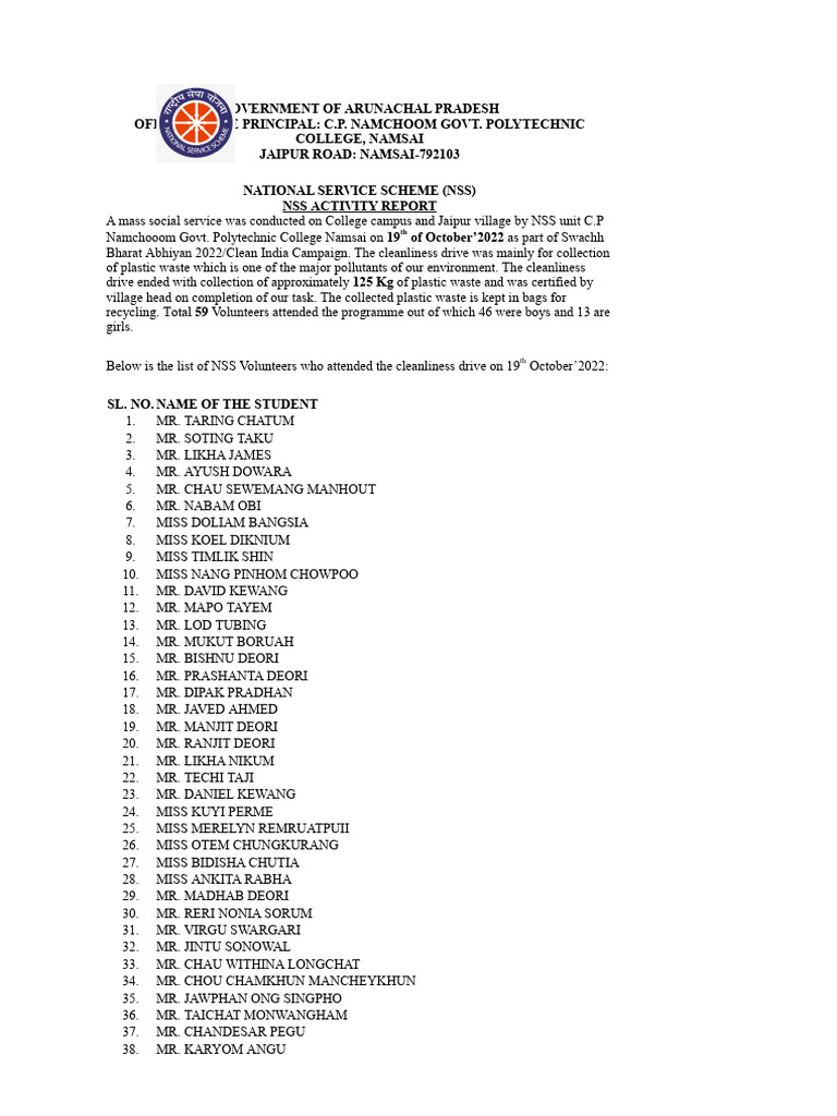 NSS Activity Report and Attendance | PDF | Pollution | Human Impact On The Environment