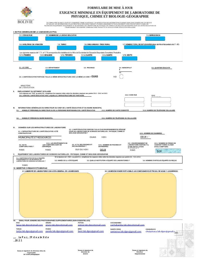 Formulaire de demande de laboratoire de physique, chimie et biologie, géographie. | PDF ...