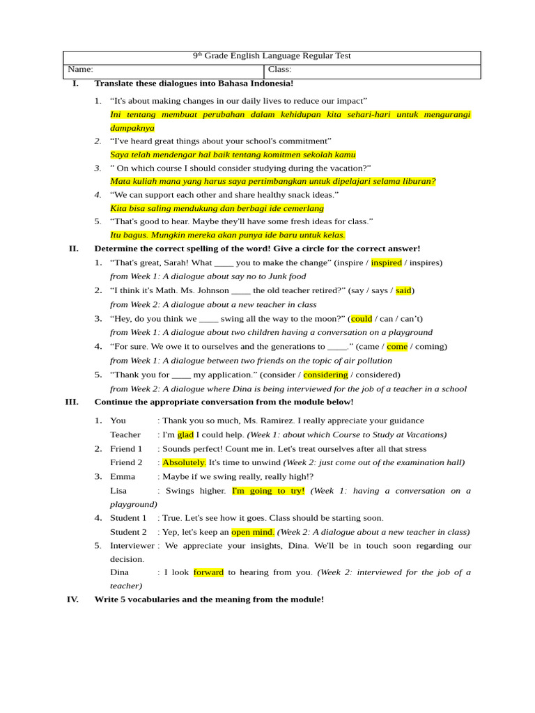 9th Grade English Test | PDF | Linguistics | Human Communication