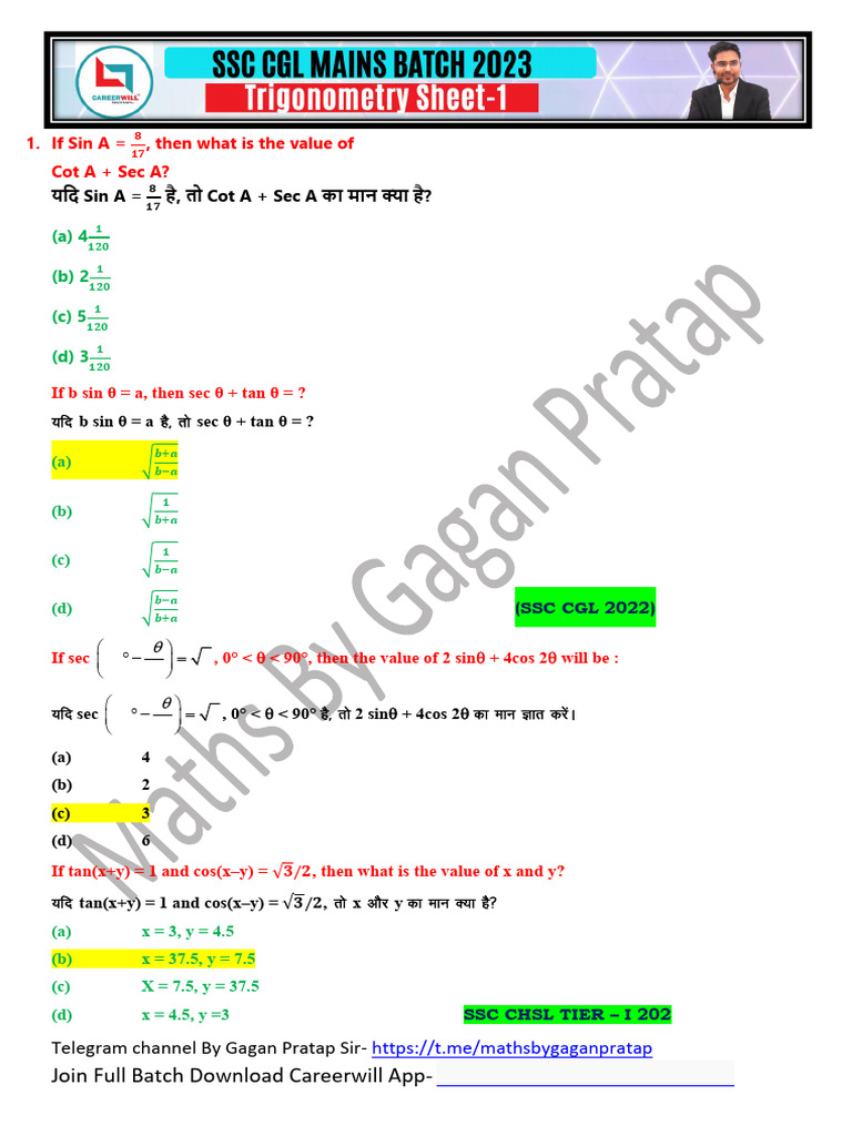 Trigonometry Sheet-1 290795 Crwill | PDF | Classical Geometry | Elementary Geometry