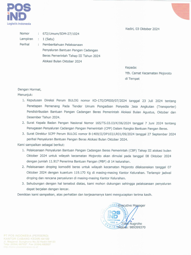 Surat Nomor 672 CBP Alok Oktober 2024 Kec Mojoroto | PDF
