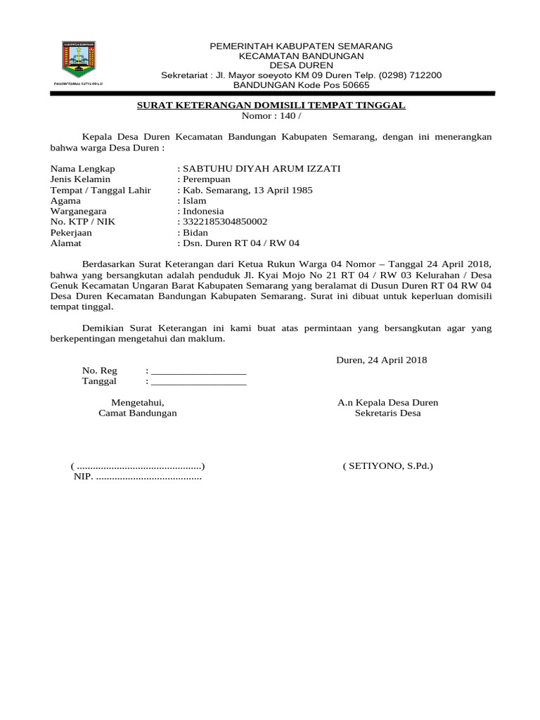 Surat Keterangan Domisili Tempat Tinggal | PDF