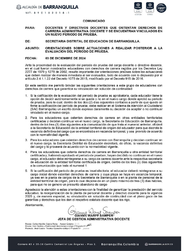 Comunicado Orientaciones Actuaciones Posterior Evaluacion Periodo Prueba | PDF