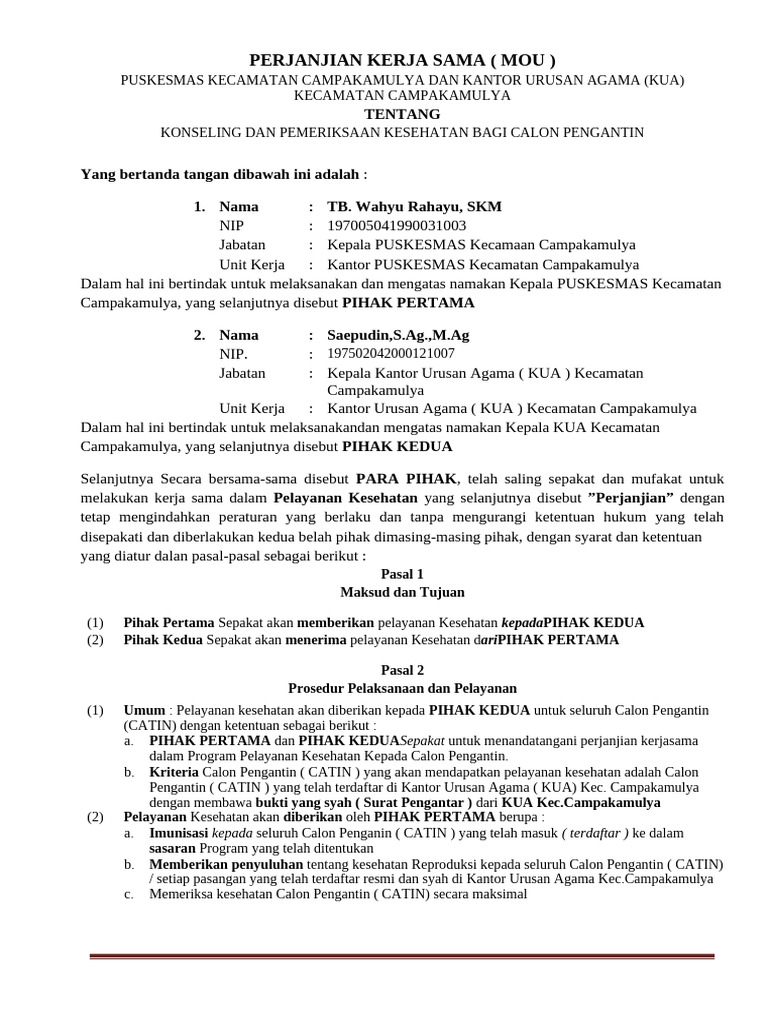 MOU DGN PUSKESMAS Dan KUA 2023 | PDF