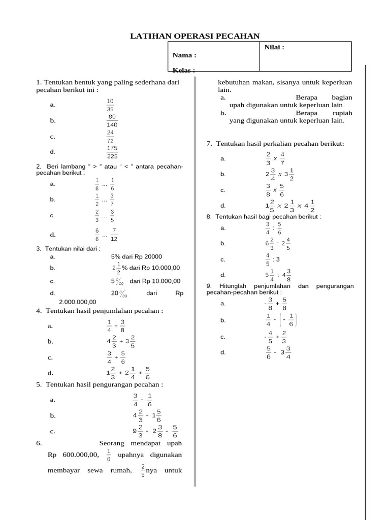 Latihan Operasi Pecahan Kelas 7 | PDF