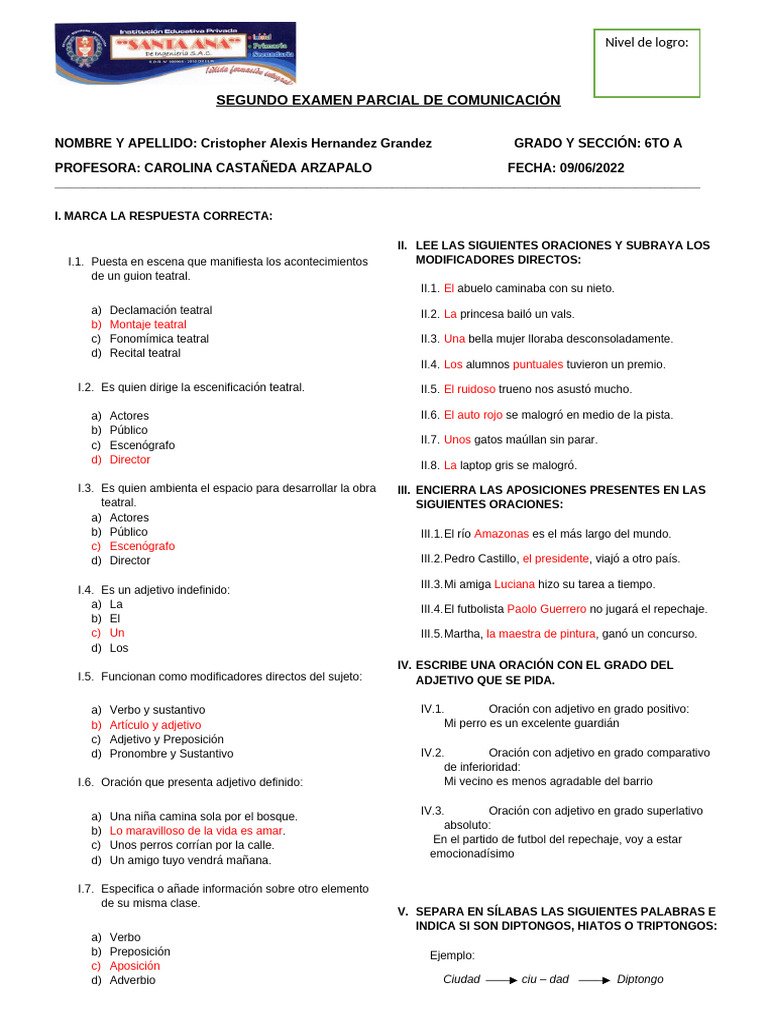 6to Prim. Examen Mensual de Comunicación | PDF | Adjetivo | Tipología ...