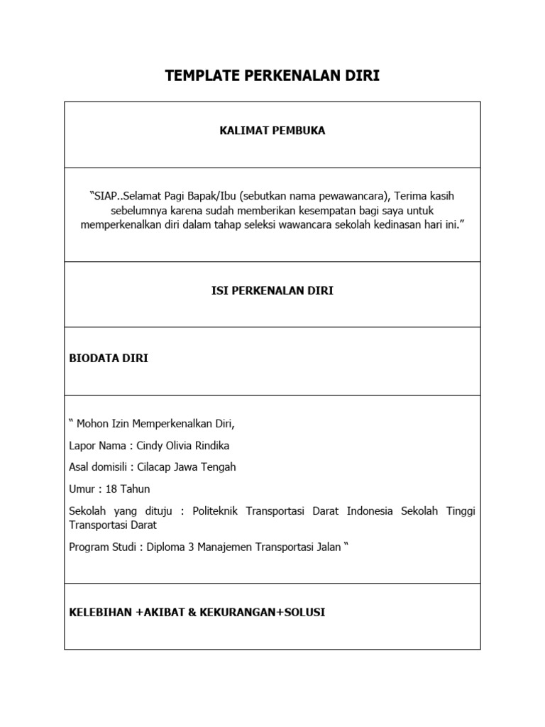 Contoh Template Perkenalan Diri | PDF