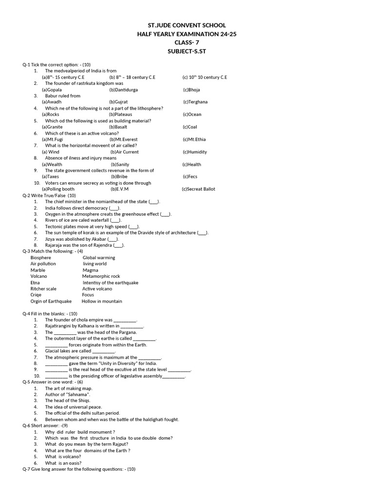 Class 7 S.ST Paper | PDF | Volcano | Earth