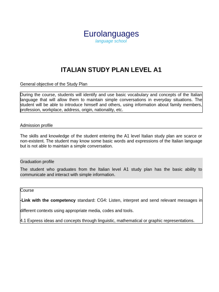 Study Plan For ITALIAN A1 | PDF | Grammatical Number | Grammatical Gender