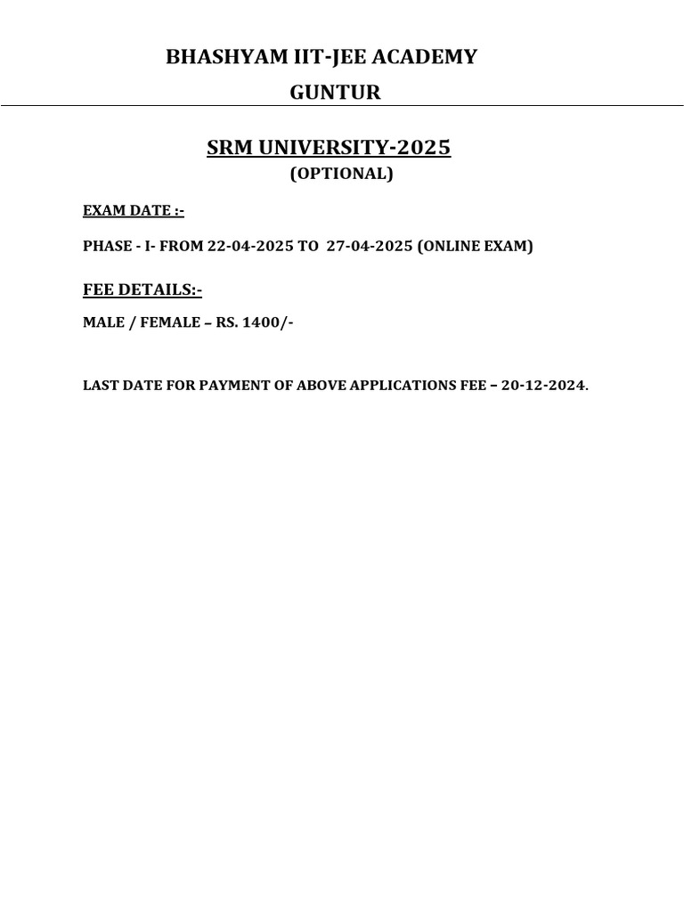 SRM Entrance Exam Notification-2025 | PDF
