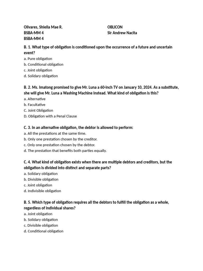 TAKE HOME QUIZ Questions BSBA | PDF | Debtor | Civil Law (Legal System)