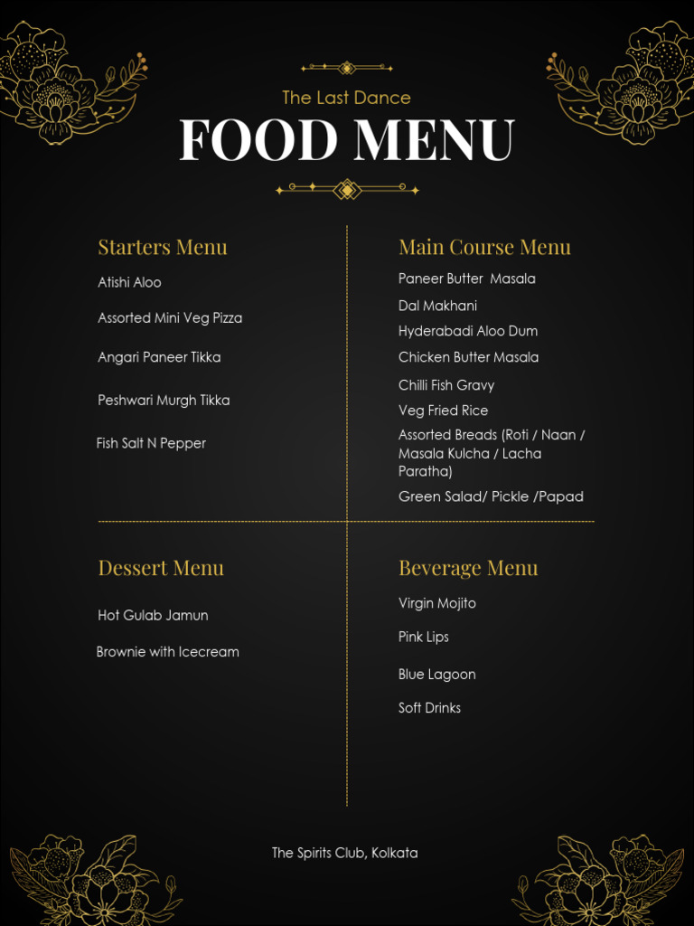 The Spirits Club Kolkata Food Menu | PDF