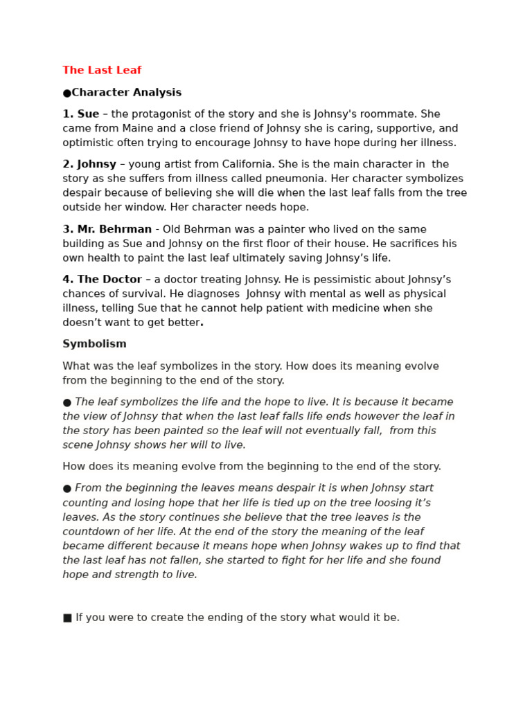 The Last Leaf Activity | PDF | Hope