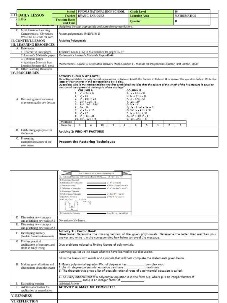 Grade 10 Quarter II Week 2 DLL | PDF | Polynomial | Factorization
