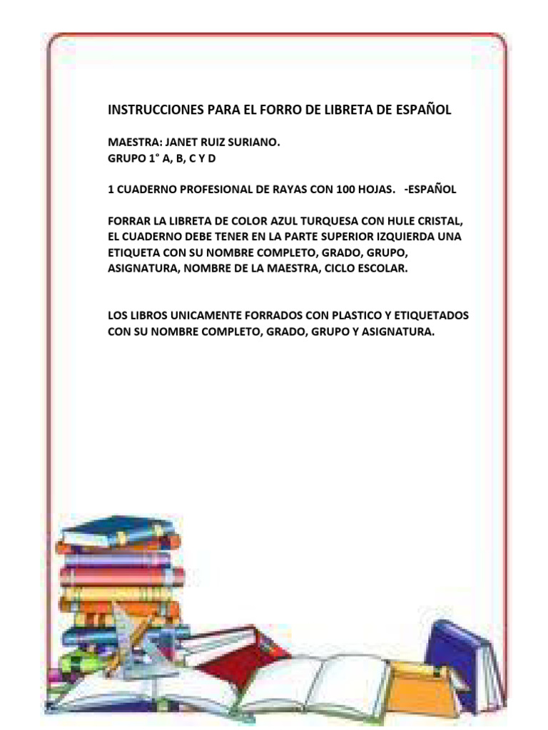 JANET - Instrucciones para El Forro de La Libreta de Español | PDF