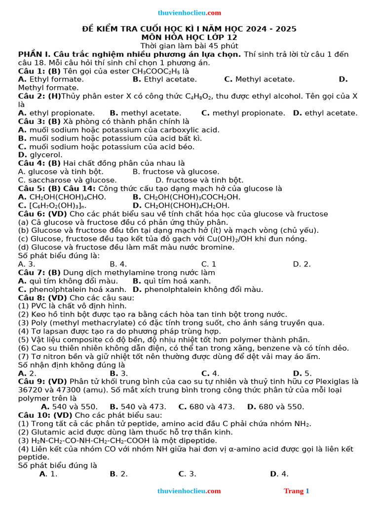 De Kiem Tra Cuoi HK1 Hoa 12 CTST 24 25 | PDF