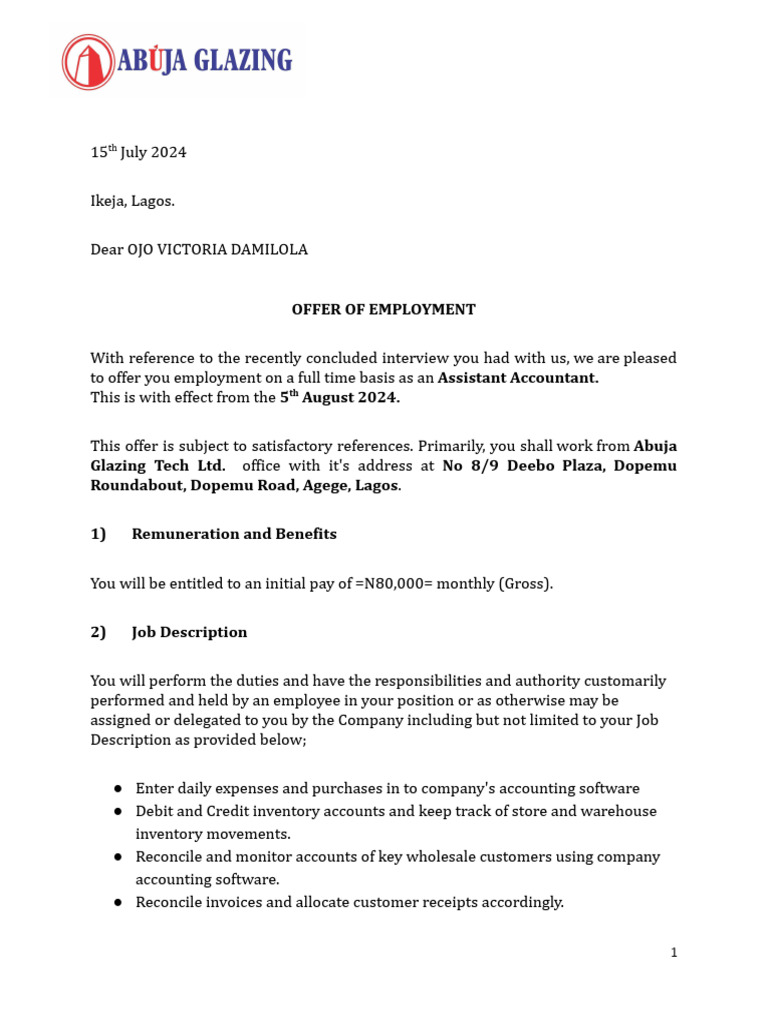 Offer Letter- Assistant Accountant- Victoria Ojo.docx | PDF ...