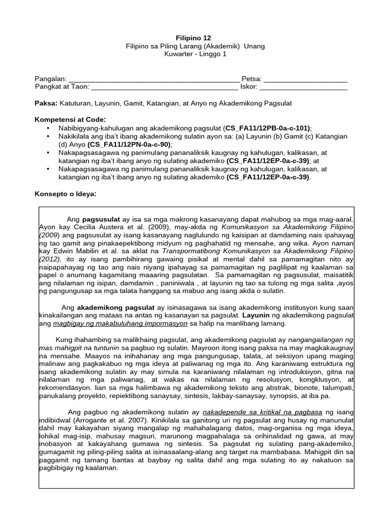 Fil12 Akademik Q1 W1 | PDF
