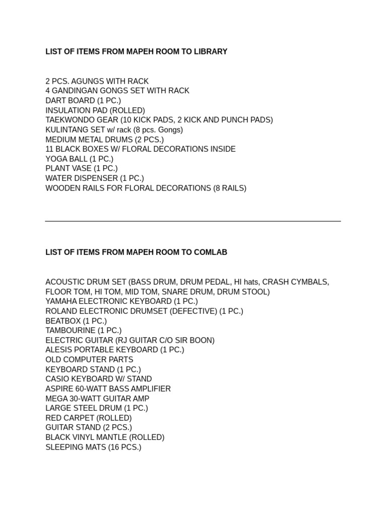 LIST OF ITEMS FROM MAPEH ROOM TO LIBRARY (3) | PDF
