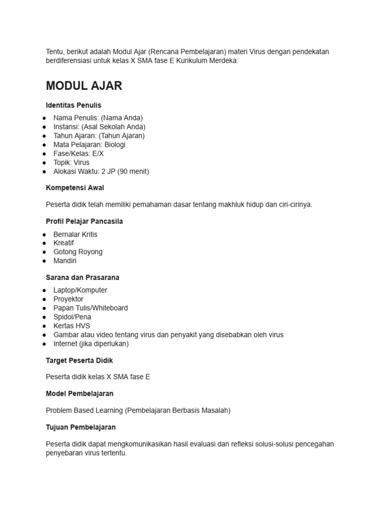 Modul Ajar Virus Kelas X SMA | PDF